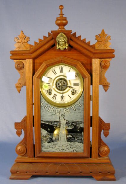 126: Ingraham Walnut Mantle Clock w/Liberty Glass