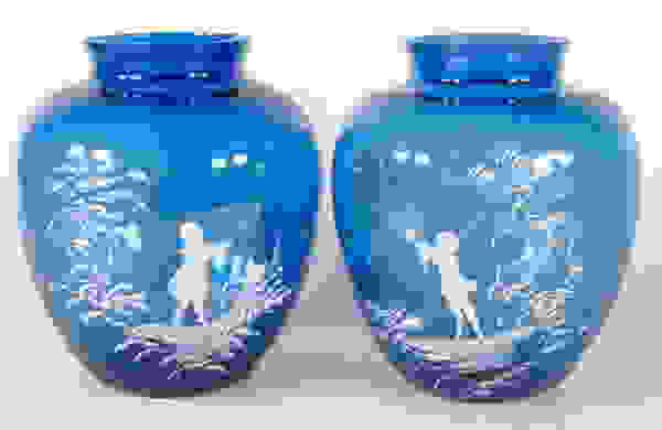 2 Mary Gregory Style Cobalt Blue Vases