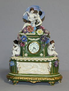 Clock, Dresden Style Figural Porcelain Mantle Clock,