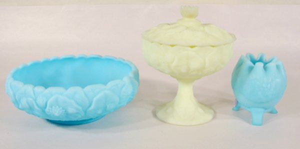 14: 3 Fenton Blue & Custard Satin Glass Items
