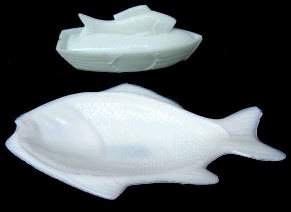 205: Milk Glass Fish Dish & Covered Boat