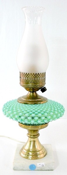 329: Fenton Green Opal. Hobnail Electric Pancake Lamp