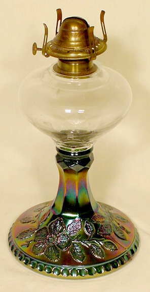 221: Wild Rose Green Carnival Glass Base Kero Lamp NR