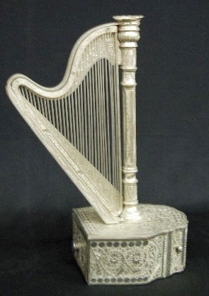 210: Engraved Silver Plate Harp Music Box w/Drawer