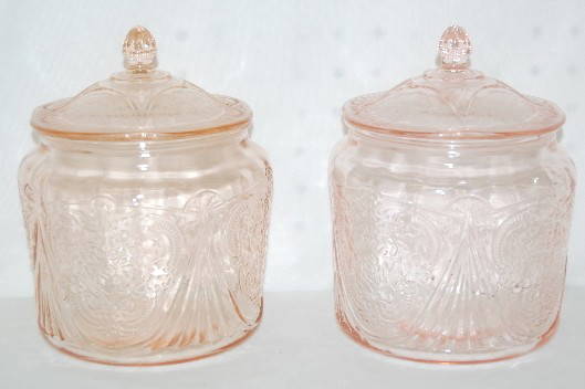 2 Pink Depression Glass Royal Lace Cookie Jars