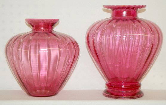 2 Pilgrim Glass Cranberry Ribbed Vases, 12"