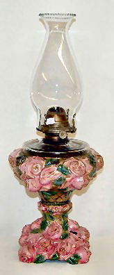 Antique Goofus Glass Kerosene Lamp W/ Roses