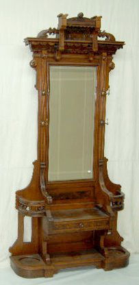 Antique Walnut Hall Tree with Mirror