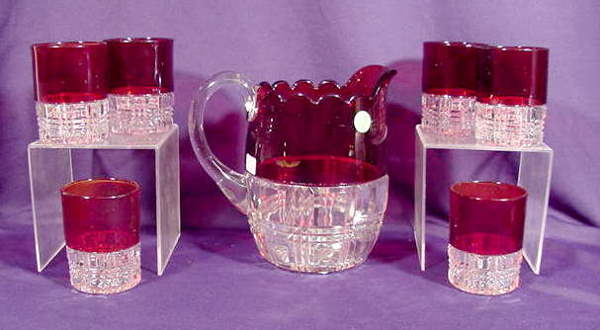 1208: 7 pc Ruby Flashed Glass Water Set NR