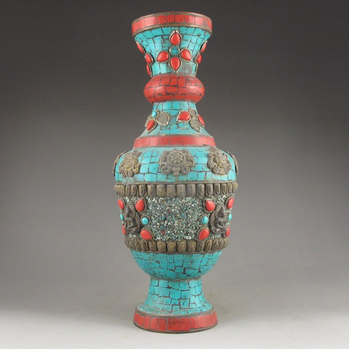 Vintage Tibet Bronze Inlay Turquoise Vase