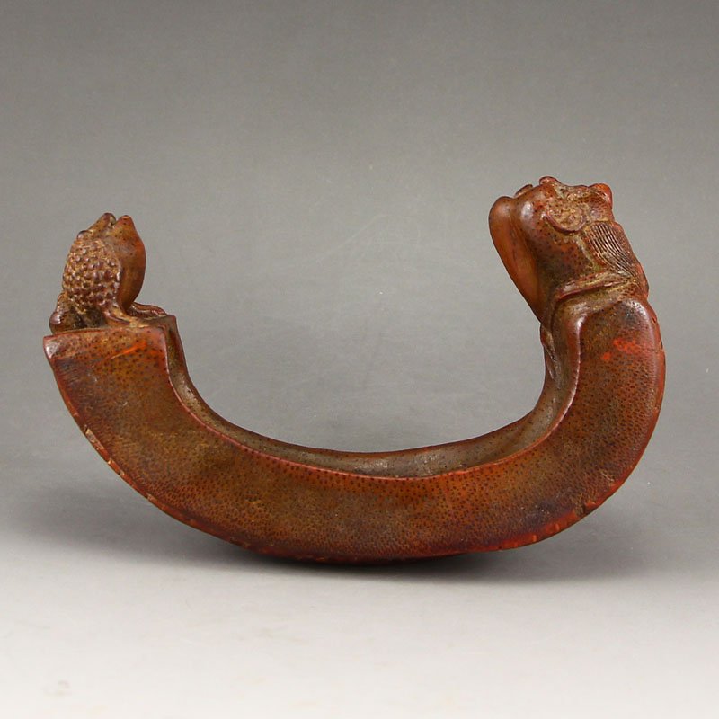 Vintage Bamboo Root Liuhai Taolism Deity & Toad Statue