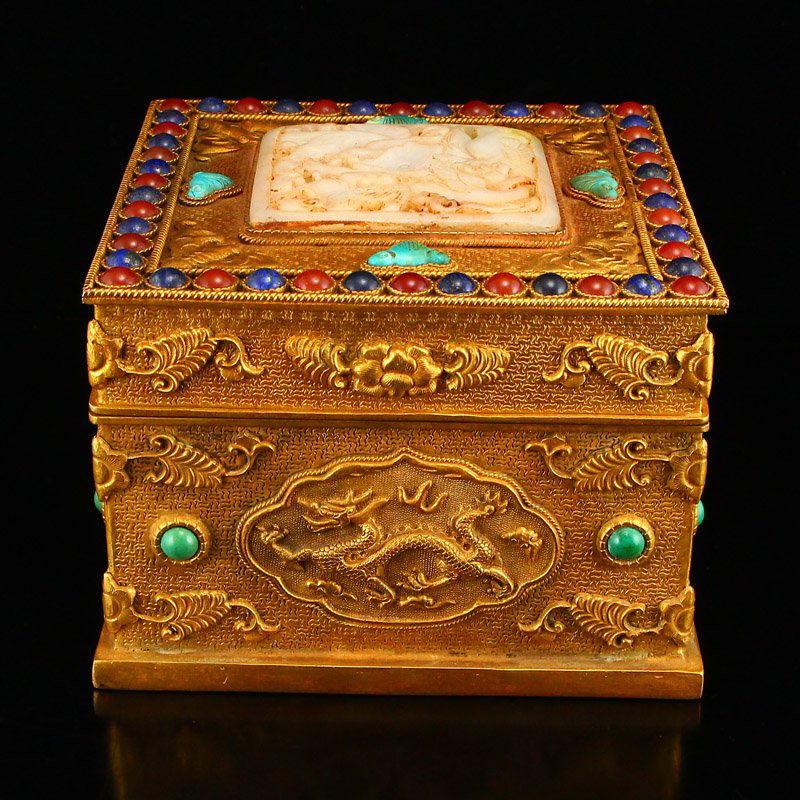Gilt Gold Red Copper Inlay Jade & Gems Jewelry Box