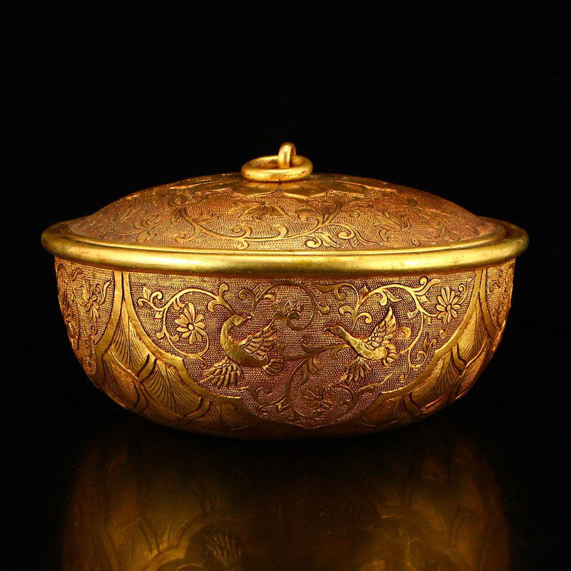 Superb Chinese Tang Dy Gilt Gold Red Copper Relief Bowl