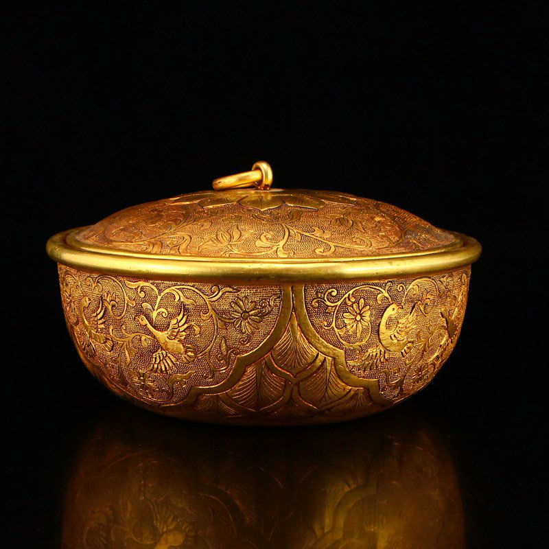 Superb Chinese Tang Dy Gilt Gold Red Copper Relief Bowl