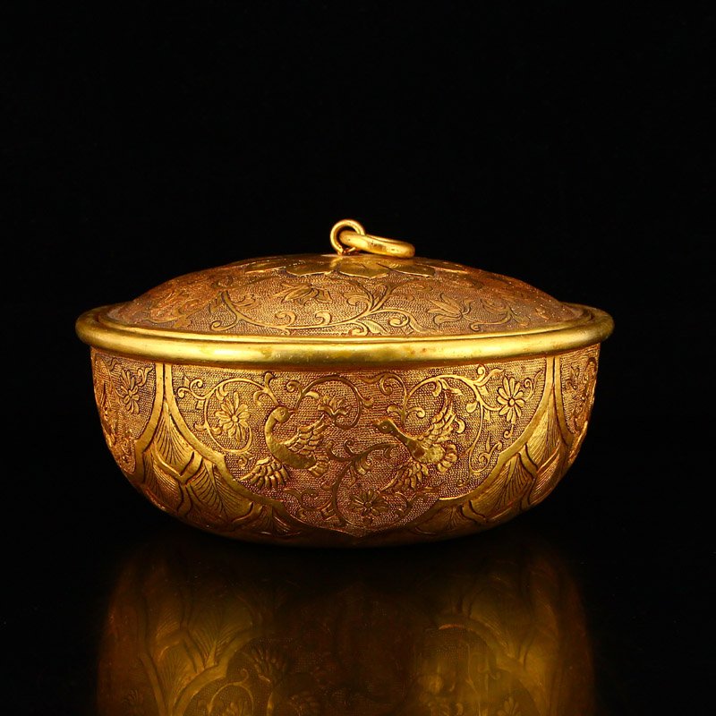 Superb Chinese Tang Dy Gilt Gold Red Copper Relief Bowl