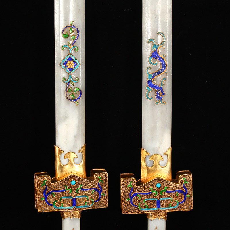 A Pair Chinese Gold Wire Enamel Inlay Hetian Jade Sword