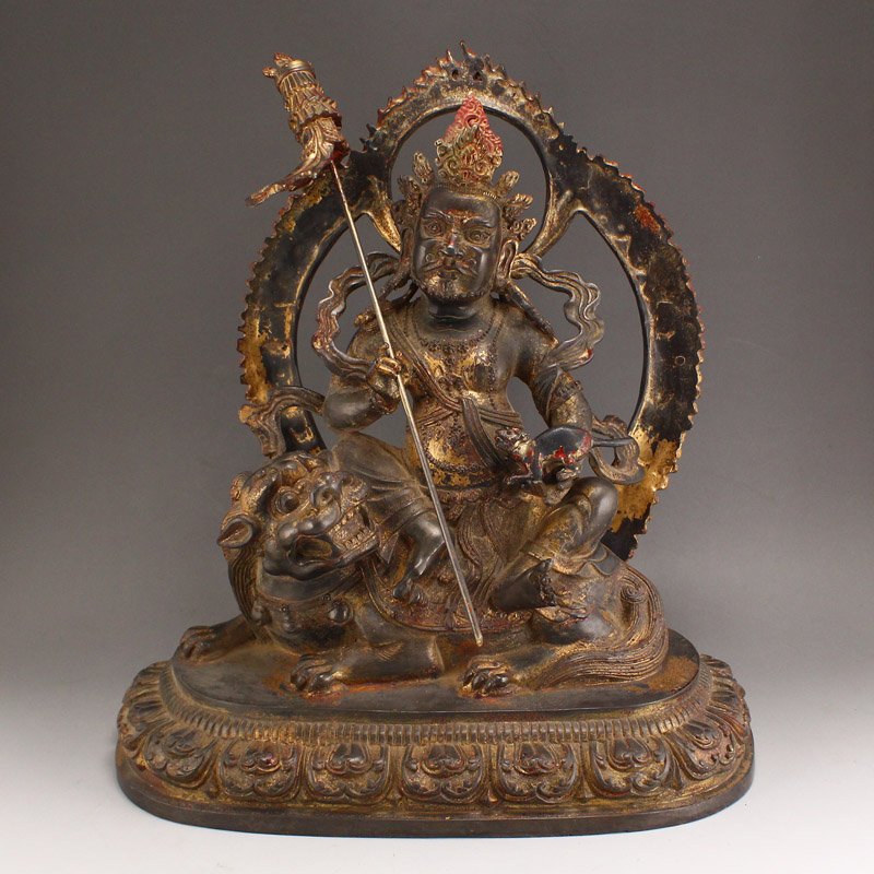 Tibetan Gilt Gold Red Copper Yellow Jambhala Statue