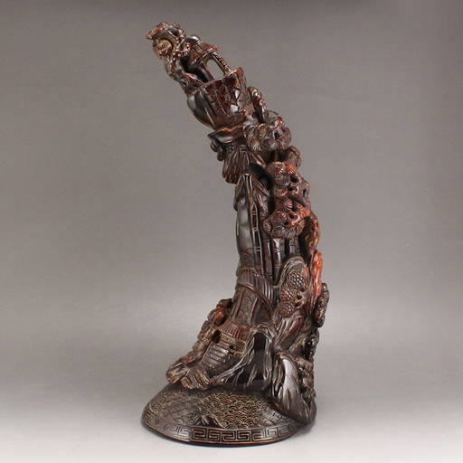 Vintage Chinese Ox Horn Statue Mountain Village Scene