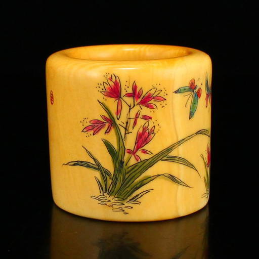 Vintage Bone Carved Poetic Prose & Orchid Thumb Ring