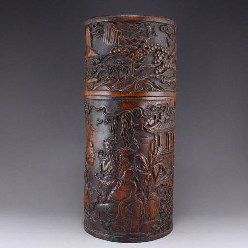 Zitan Wood Carved Pine Tree & Figure Painting Tube