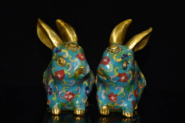 A Pair Chinese Gilt Gold Red Copper Cloisonne Fortune Rabbit Statues ...
