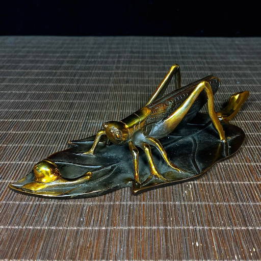 Vintage Chinese Gilt Gold Red Copper Locust & Snail & Leaf Statue