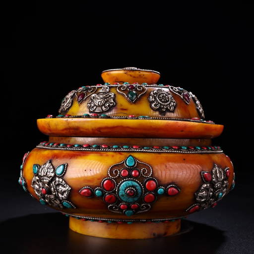 Vintage Amber Inlay Silver Wire & Gem Pot W Lid