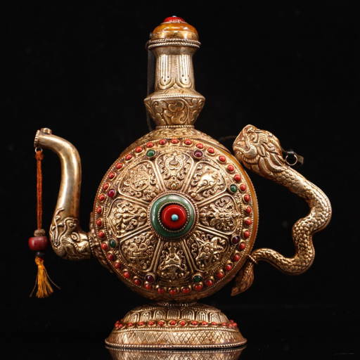 Vintage Tibetan Pure Silver Inlay Amber & Gem Wine Pot
