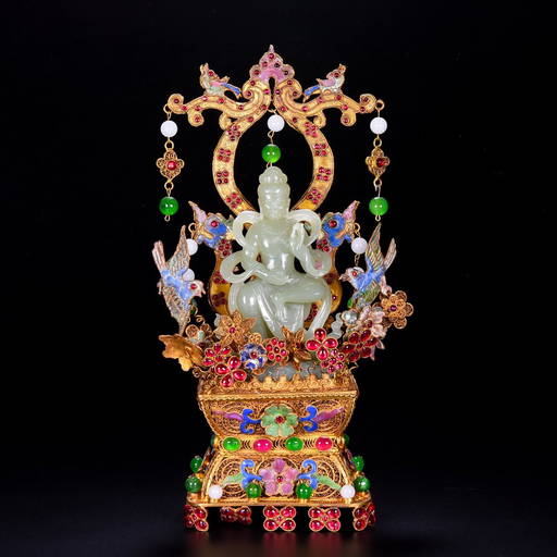 Superb Hetian Jade Kwan-yin Statue w Gold Wire Enamel Inlay Gem Base ...