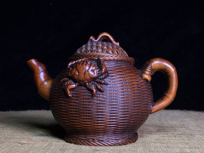 Vintage Chinese Boxwood Wood Carved Fortune Toad Teapot