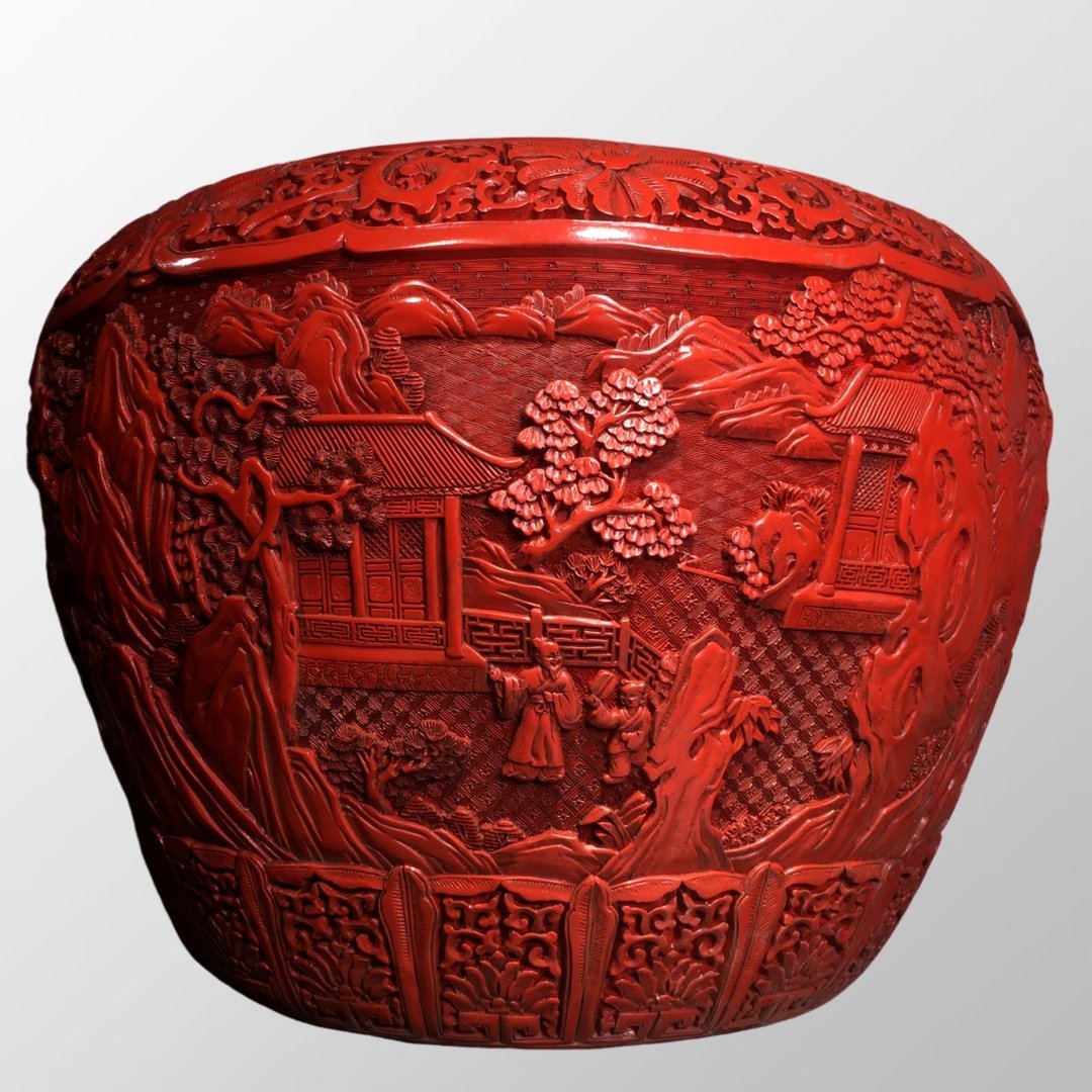 Chinese Qing Dynasty Red Lacquerware Low Relief Idyllic Scenery Big Jar ...