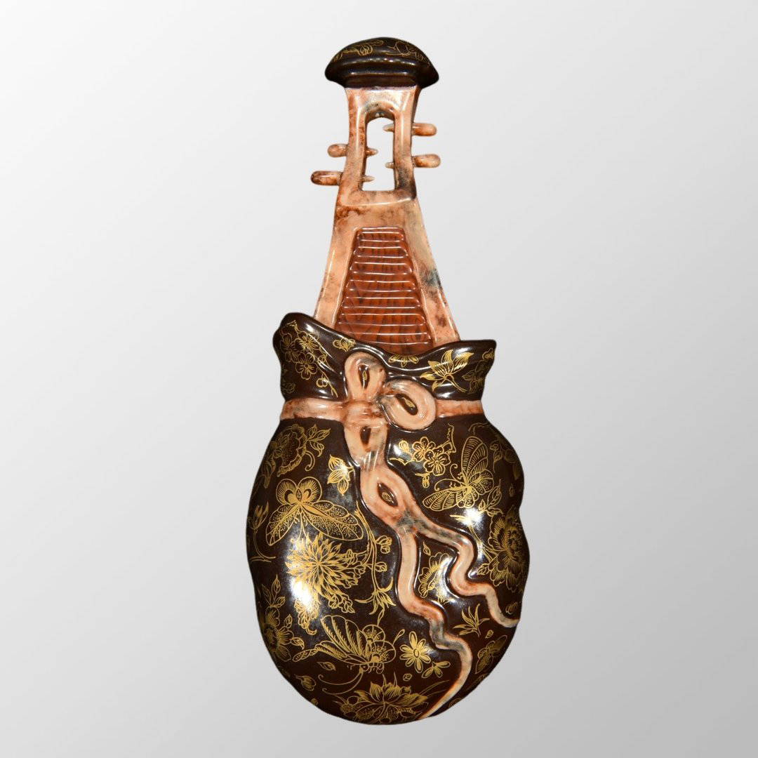 Chinese Gilt Gold Famille Rose Butterfly & Flower Design Porcelain Pipa ...