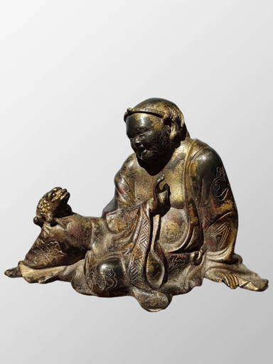 Vintage Chinese Bronze Liuhai Taolism Deity & Toad Statue