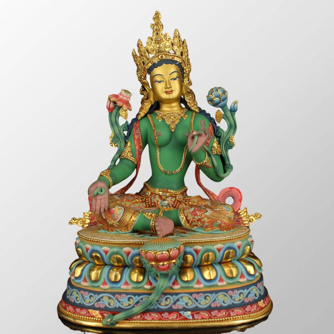 Exquisite Hand Drawn Tibetan Buddhism Gilt Gold Bronze Inlay Gems Green ...