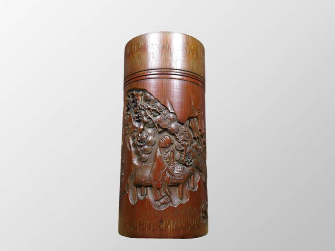 Vintage Chinese Bamboo Carved Pine Tree And Figure Tea Caddy