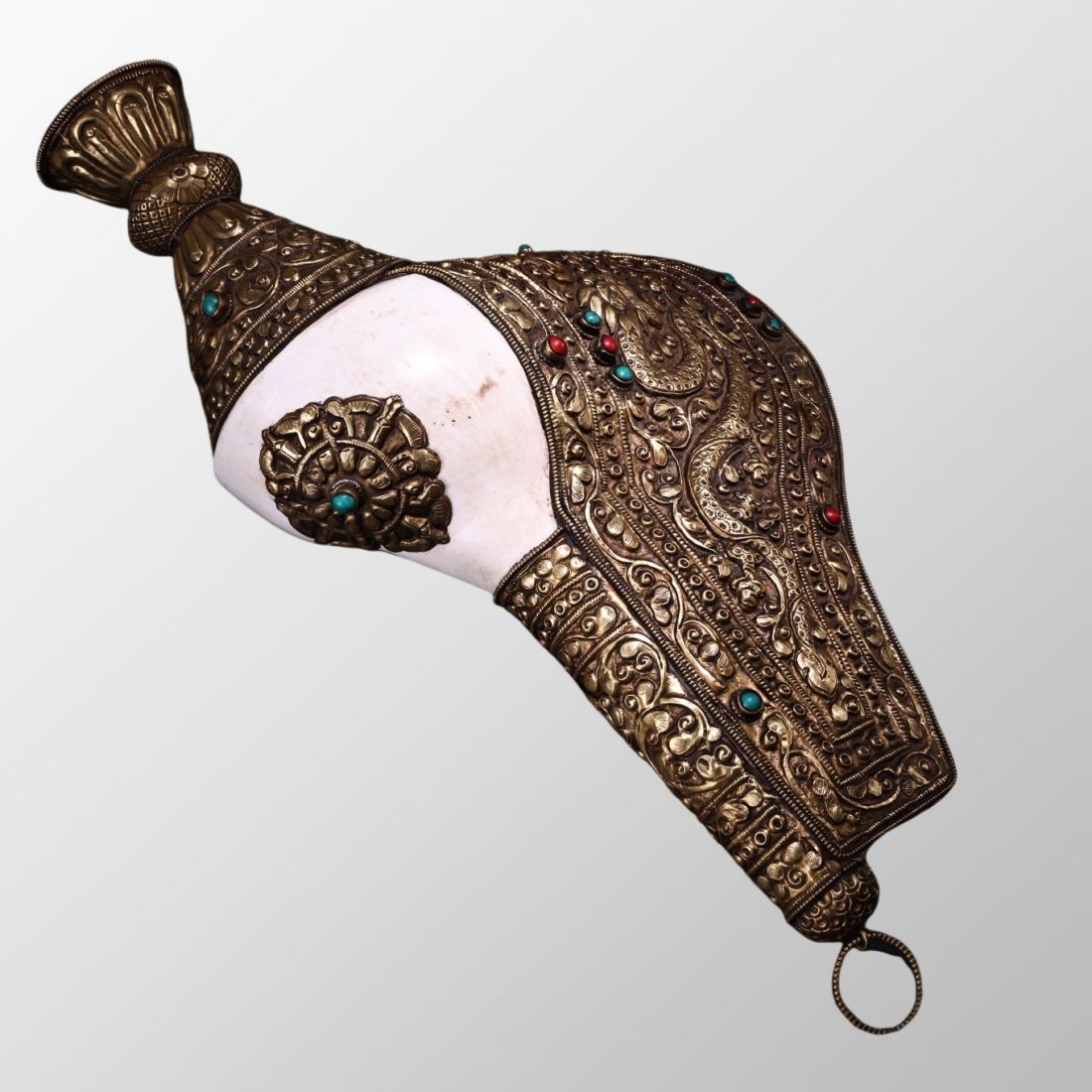 Tibetan Buddhism Bronze Inlay Gems Prayer Conch Statue Auction