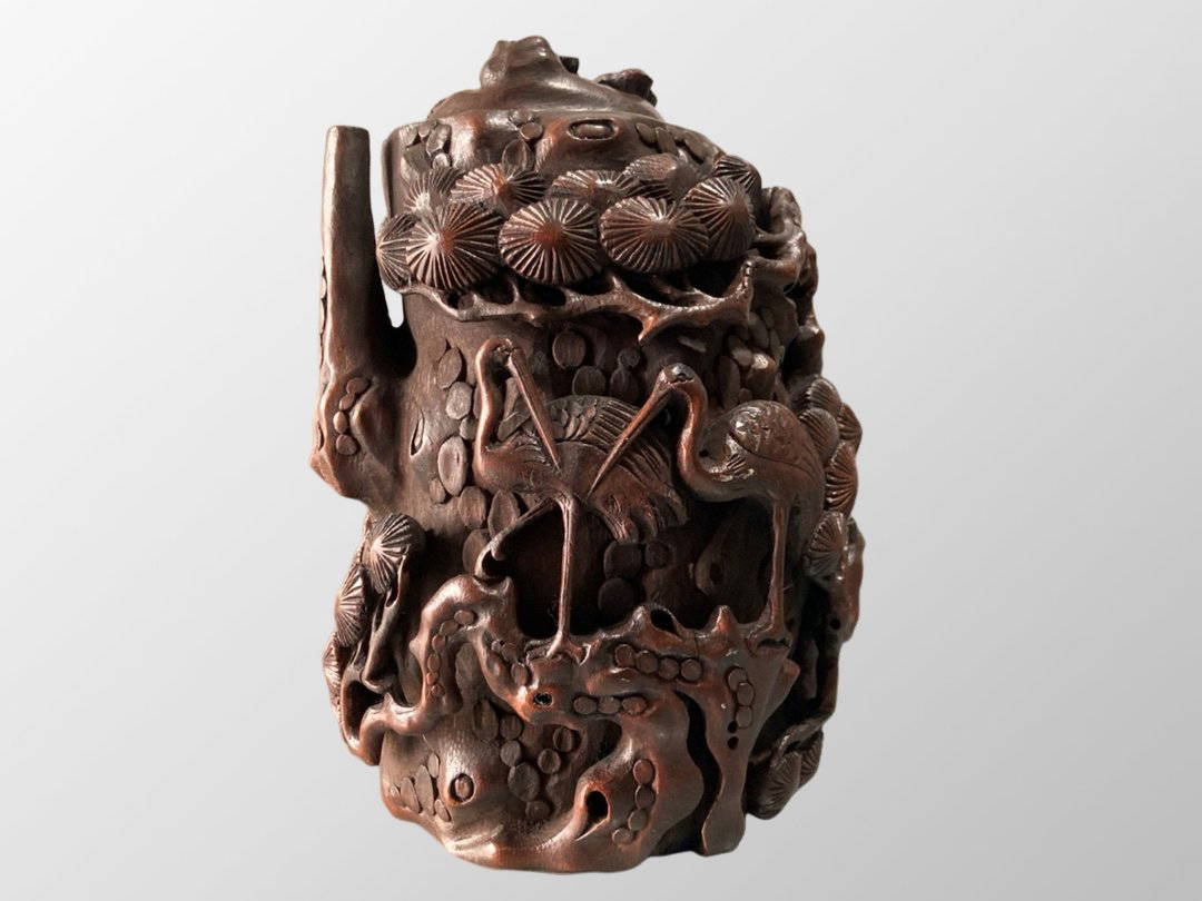 Vintage Chinese Bamboo Low Relief Carved Pine Tree And Crane Pot Auction