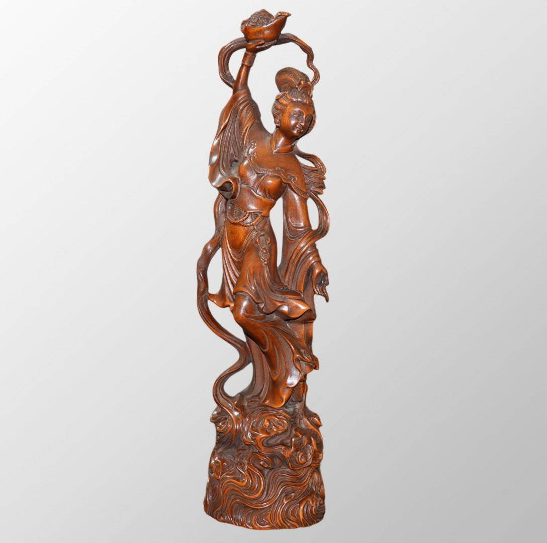 Chinese Boxwood Wood Carved Feitian Female Deity Statue Auction