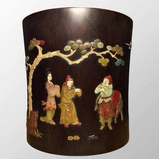 Vintage Chinese Zitan Wood Inlay Shell Low Relief Pine Tree & Figure ...