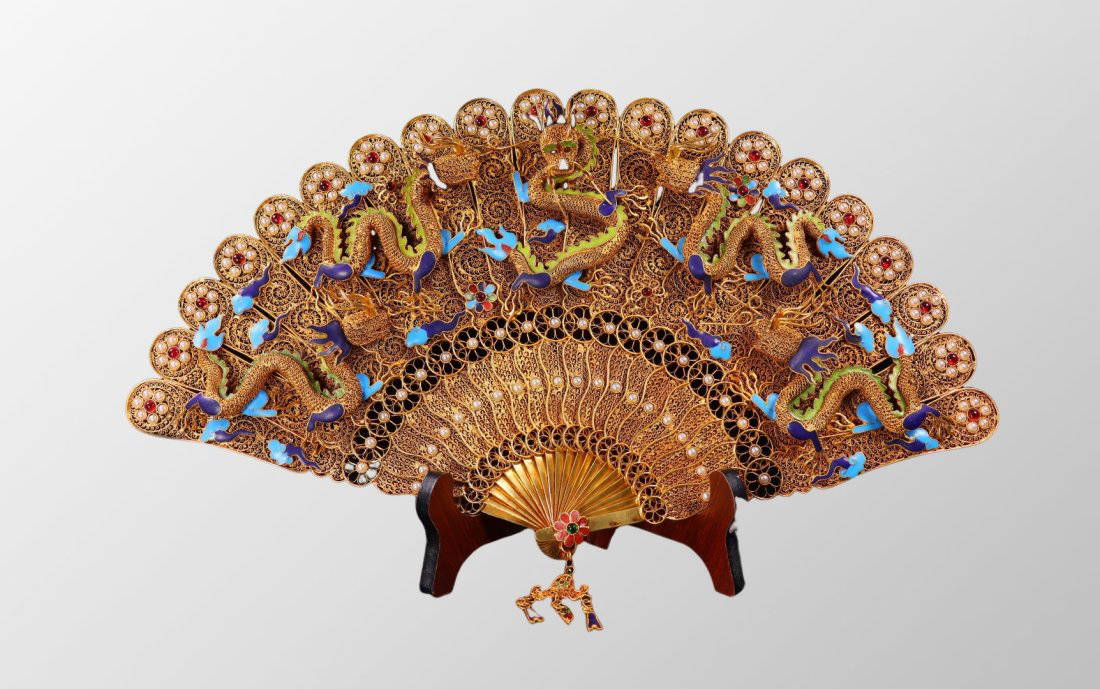 Buy Exquisite Chinese Gold Wire Enamel Inlay Gem Fortune Dragon Fan ...