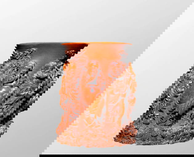 Vintage Chinese Boxwood Wood High Relief Eight Taoism Deity Brush Pot