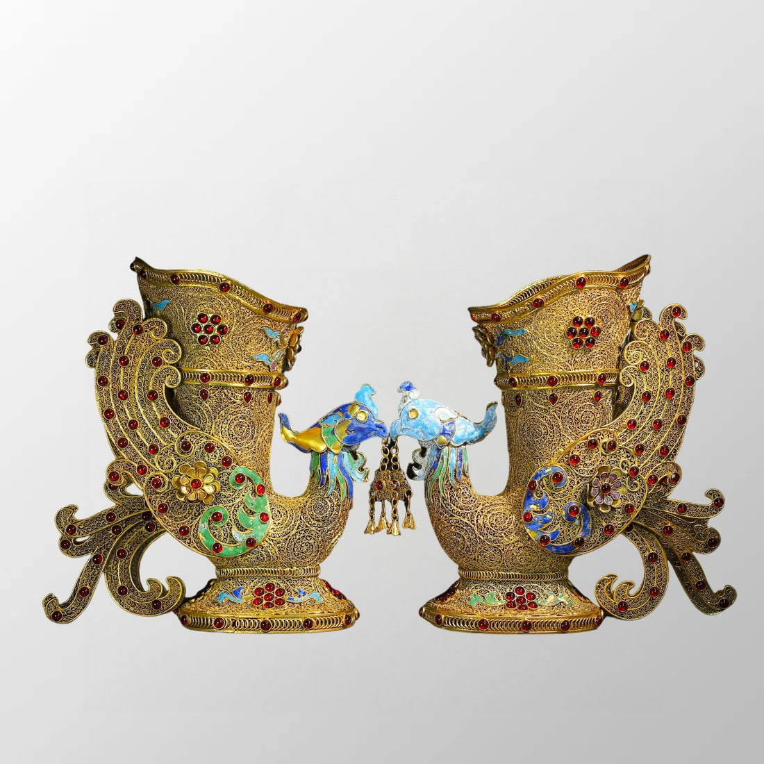 A Pair Exquisite Chinese Gold Wires Enamel Inlay Gem Phoenix Cup Statue ...