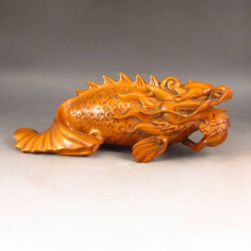 Chinese Natural Boxwood Dragon Head Fish Statue