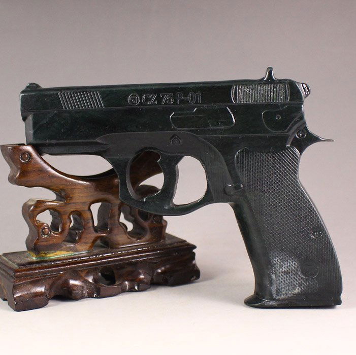 Chinese Natural Deep Green Hetian Jade Pistol Model