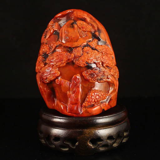 Chinese Nan Hong Agate Statue Sage & Pine Tree