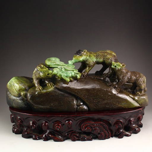 Chinese Dushan Jade Statue Three Wolves & Rabbit