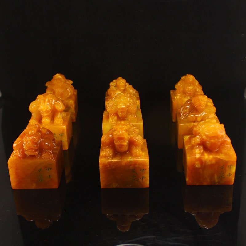 Chinese Shoushan Stone Tian Huang Stone 9 Dragon Seals