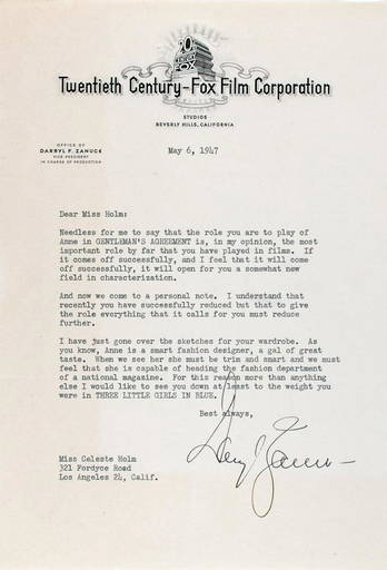 ZANUCK, DARRYL F. Letter to Celeste Holm regarding her - Apr 28, 2021 ...