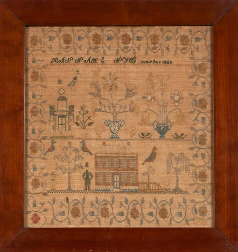 Needlework Sampler Dated 1838 Depicting A Building And