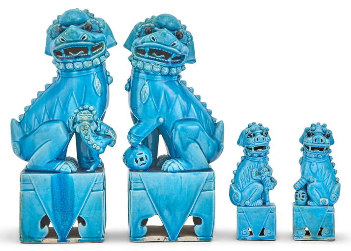 Pair of Turquoise Glazed Porcelain Foo Lions; Together with a Smaller ...